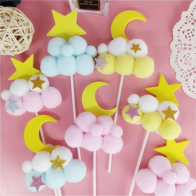 Cute Pastel Pink Blue Yellow Crescent Moon Stars Cotton Ball Clouds ...
