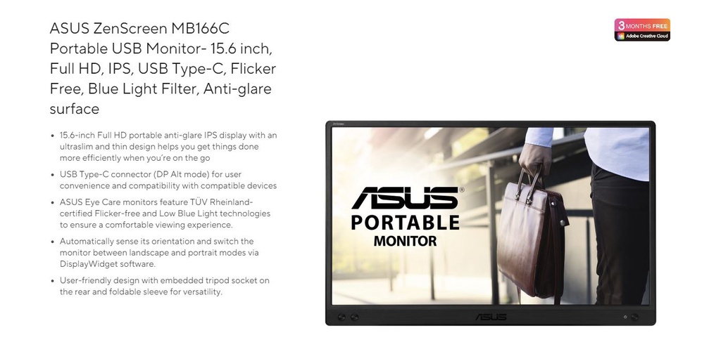 ASUS ZenScreen MB166C Portable Monitor- 15.6 inch, Full HD, IPS, USB ...