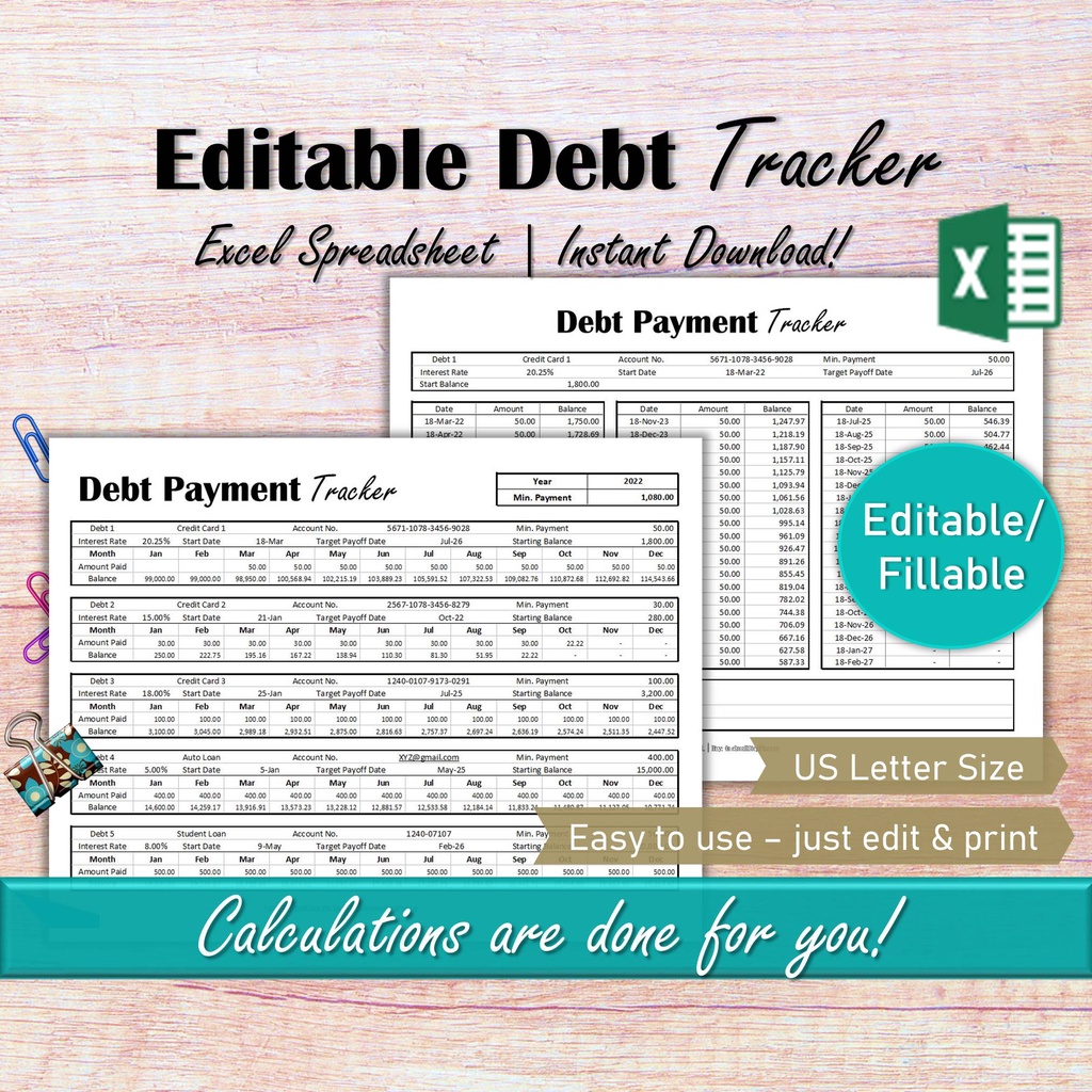 Debt Tracker Debt Excel Spreadsheet, Monthly Debt Payoff Tracker, Debt ...