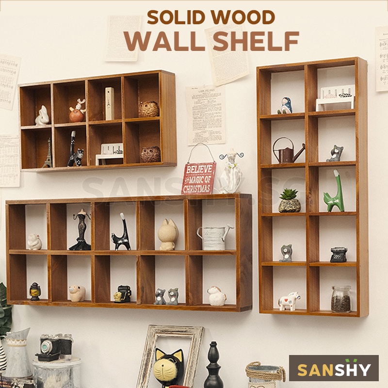Wall Shelf Solid Wood No-drilling Storage Lattice Wall Decoration ...