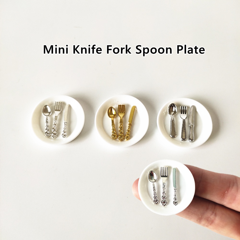 Dollhouse Mini Cutlery Set 1:12 Scale Fork Knife Spoon Plate Dish ...