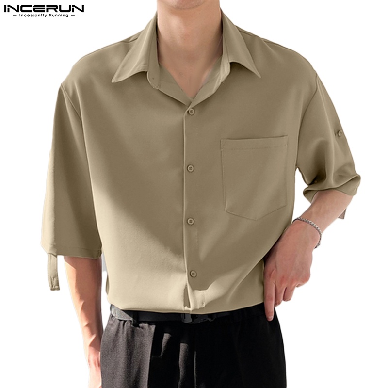 INCERUN Fashion Men Button Up Short Sleeve Collared Half Sleeve Solid ...