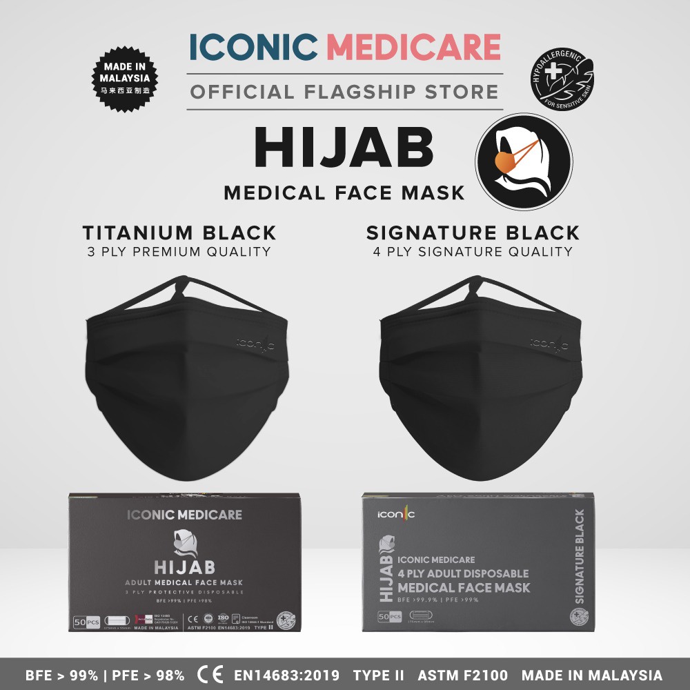 Iconic 4 Ply Hijab Medical Face Mask - Titanium/Signature Black (50pcs ...