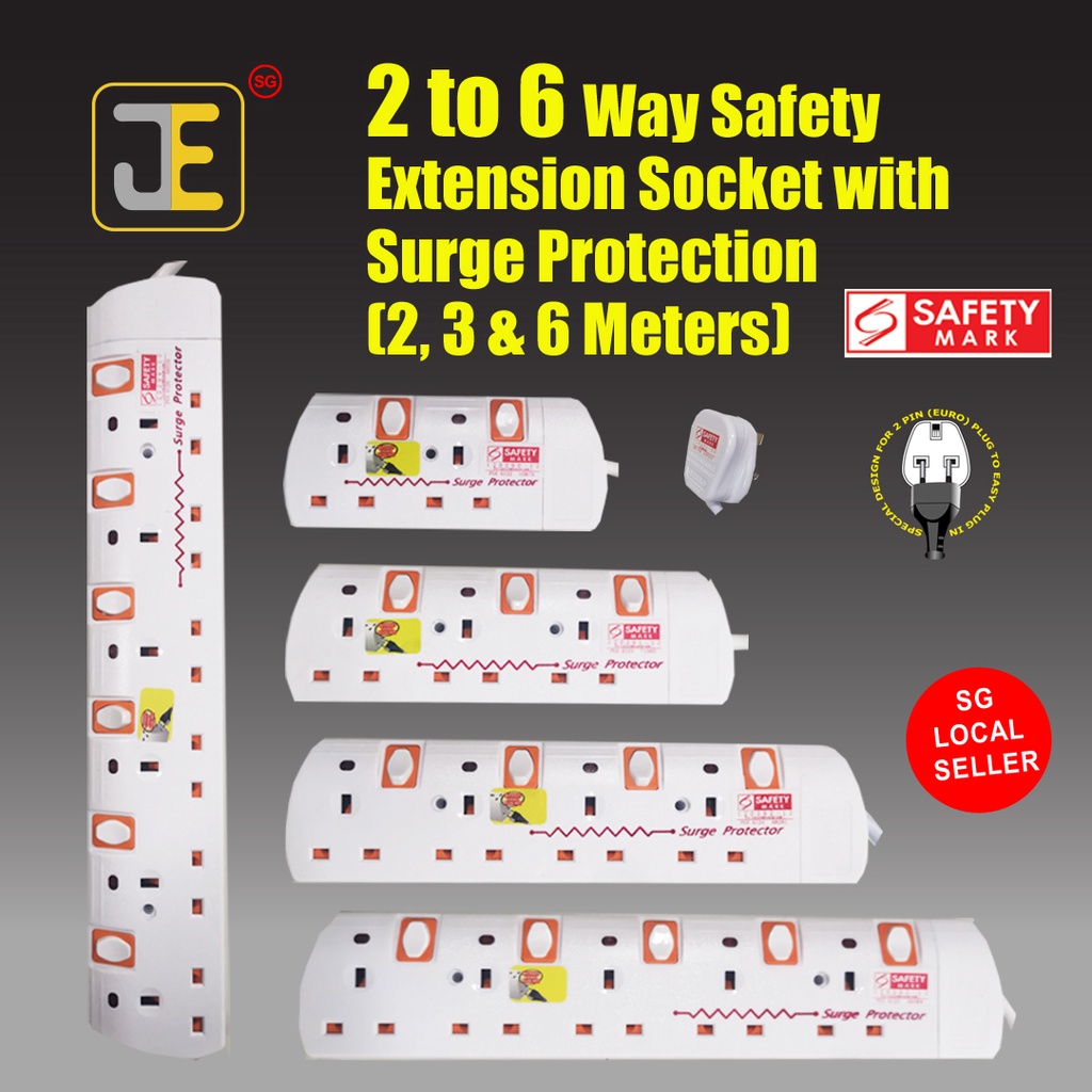 2 to 6 Way Extension Safety Socket with Surge Protection and Safety ...