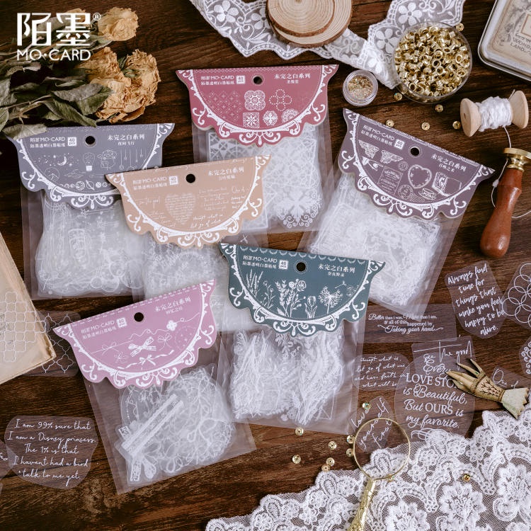 QOUZMO 6 designs transparent white ink PET sticker pack [Unfinished ...