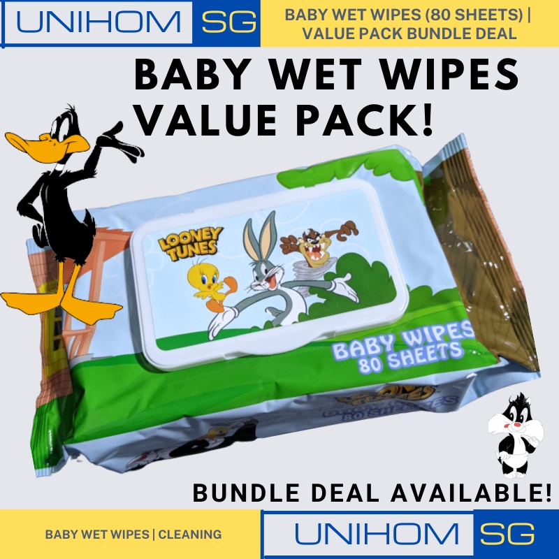 UnihomSG (BUNDLE OF 12/24)Baby Wet Wipe (80 Sheets I Thicker) LOONEY ...