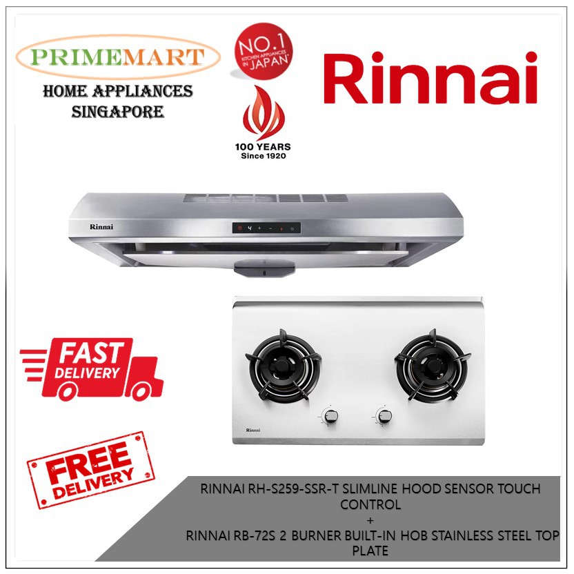 RINNAI RH-S259-SSR-T SLIMLINE HOOD + RB-72S 2 BURNER BUILT-IN HOB STAINLESS BUNDLE DEAL ...