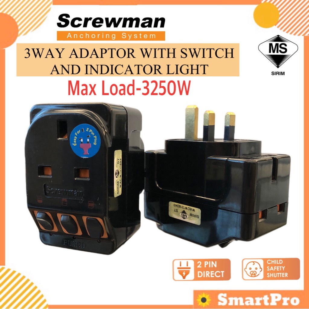 Screwman 13A 3 Way Adapter 3 Pin Multi Adaptor with LED indicator Light ...