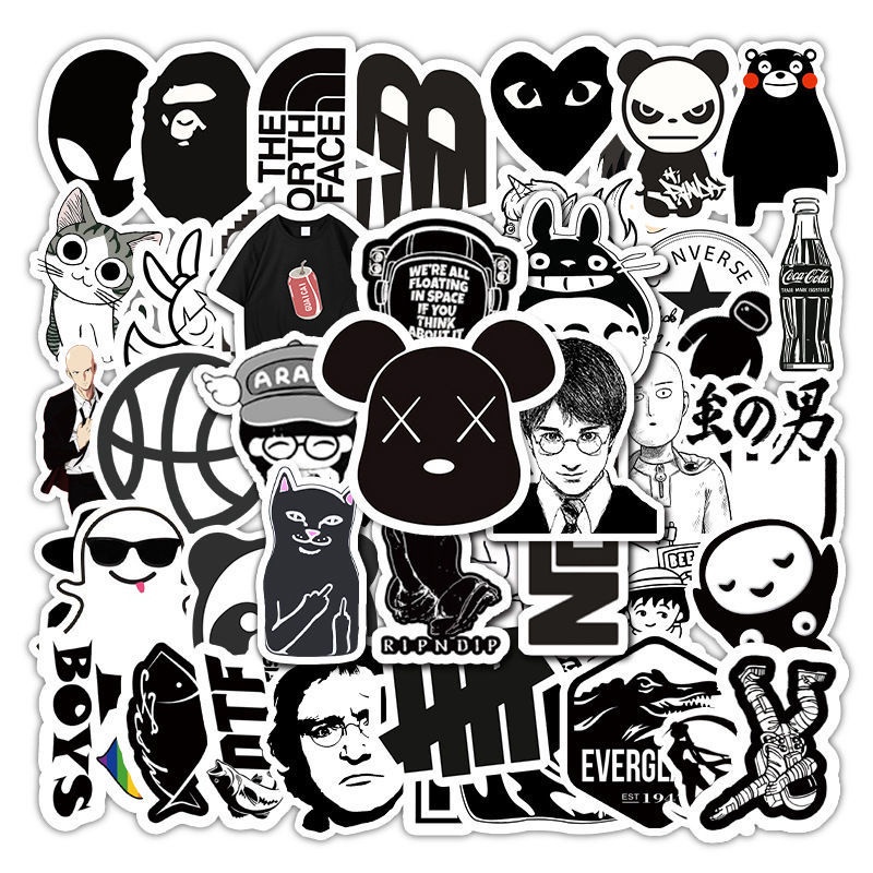Black and white cartoon sticker set for decoration, mobile phone case ...