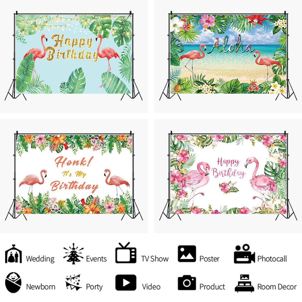 Pink Flamingo Birthday Backdrop Summer Tropical Hawaiian Floral ...