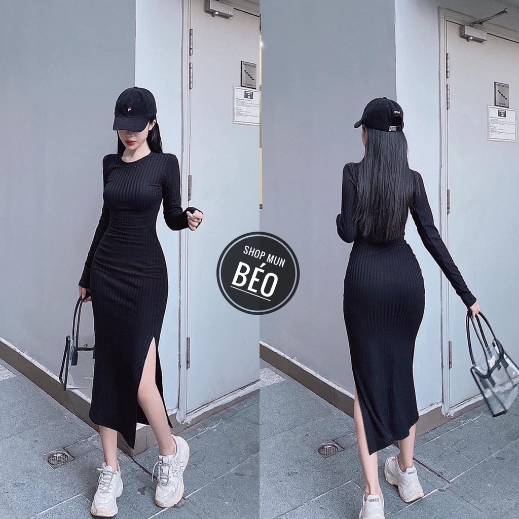 Round neck bodycon dress with long sleeves and thigh slit in ribbed ...