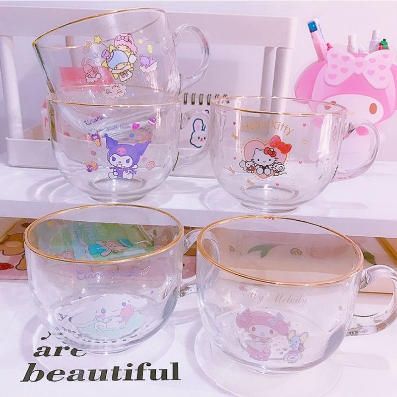 Sanrio glass cups with gold rim - Hello Kitty Cinnamoroll Melody ...