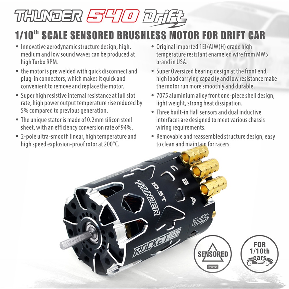 Thunder 540 Drift Sensored Brushless Motor Rocket-RC 10.5T 13.5T 2-3S 3 ...