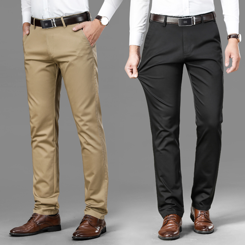 Men Office Business Pants Straight Cut Long Chinos Elastic Formal ...