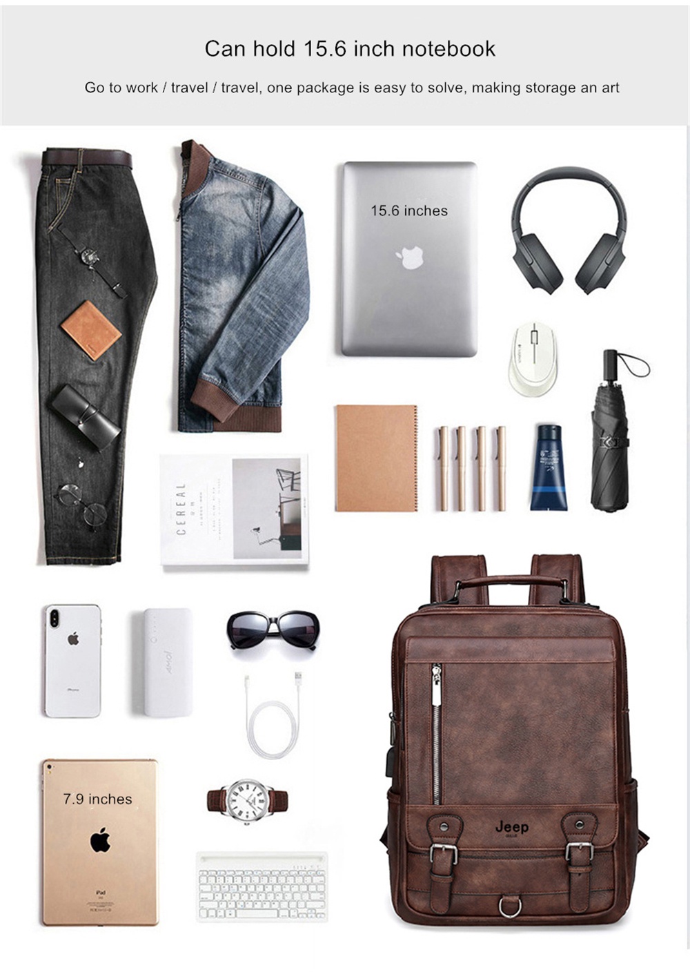JEEP BULUO Backpack Fashion Leather Men Business Male 15.6" Laptop Bag ...