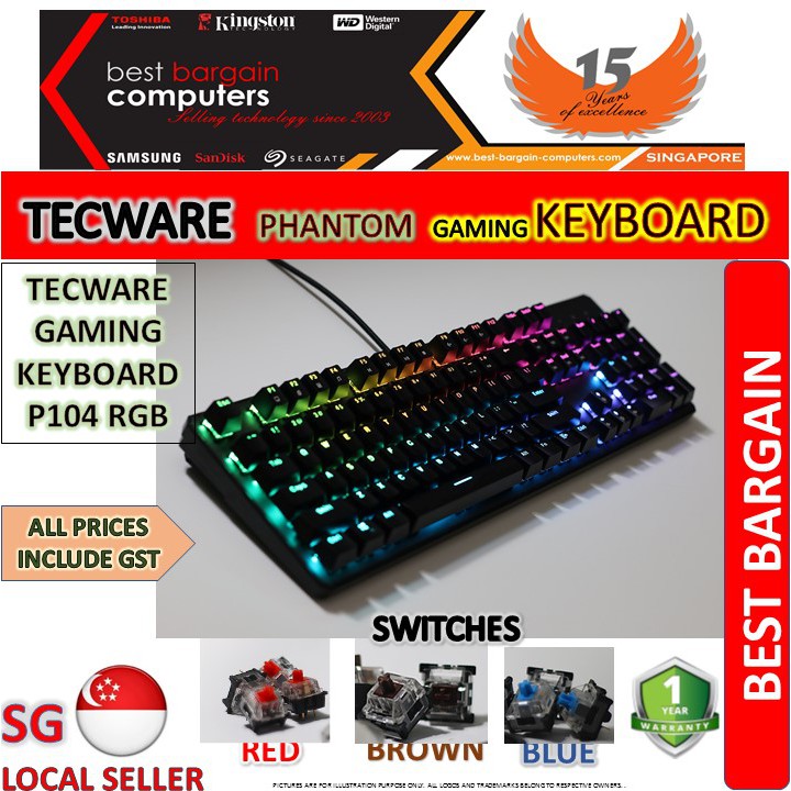 Tecware Phantom 104 Key RGB Mechanical Keyboard - BLUE / BRWN / RED ...
