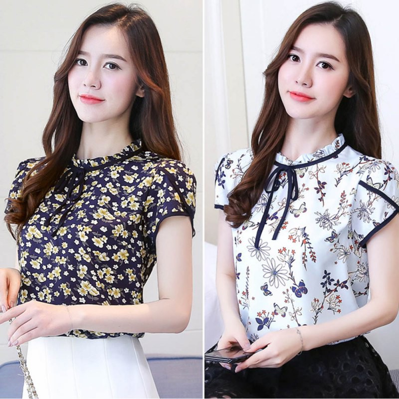 Korean Style Women Chiffon Floral Print Elegant Blouses Tops | Shopee ...