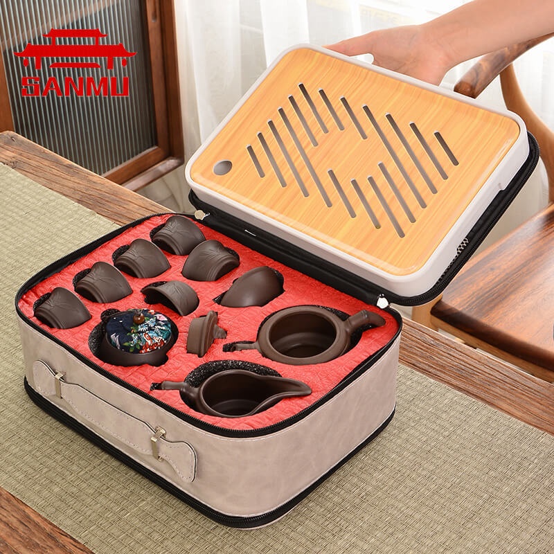 Portable Travel Bag Purple Clay Chinese Kung Fu Tea Set Gaiwan Teapot ...