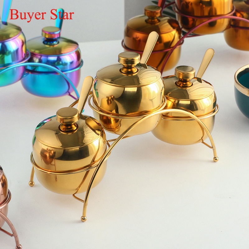 304 Stainless Steel Gold Seasoning Condiment Pot Set Spice Salt Sugar ...