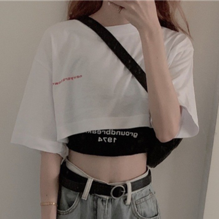 Korean/Ulzzang Style 2-Piece Crop Top White Crop Top with Black Inner ...