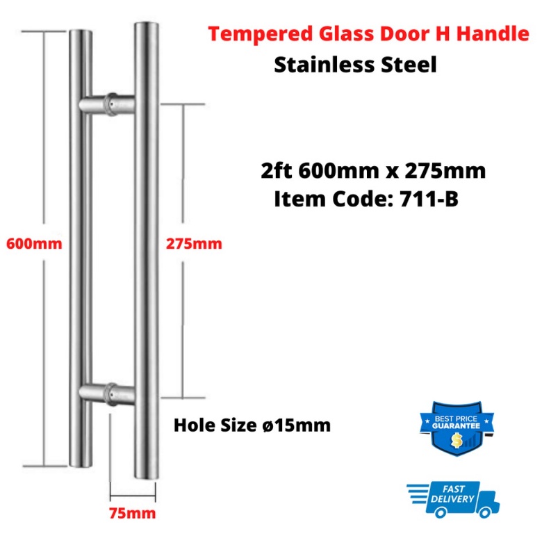 711-B 600mm 2feet Stainless Steel Door Handle H Shape Tempered Glass ...