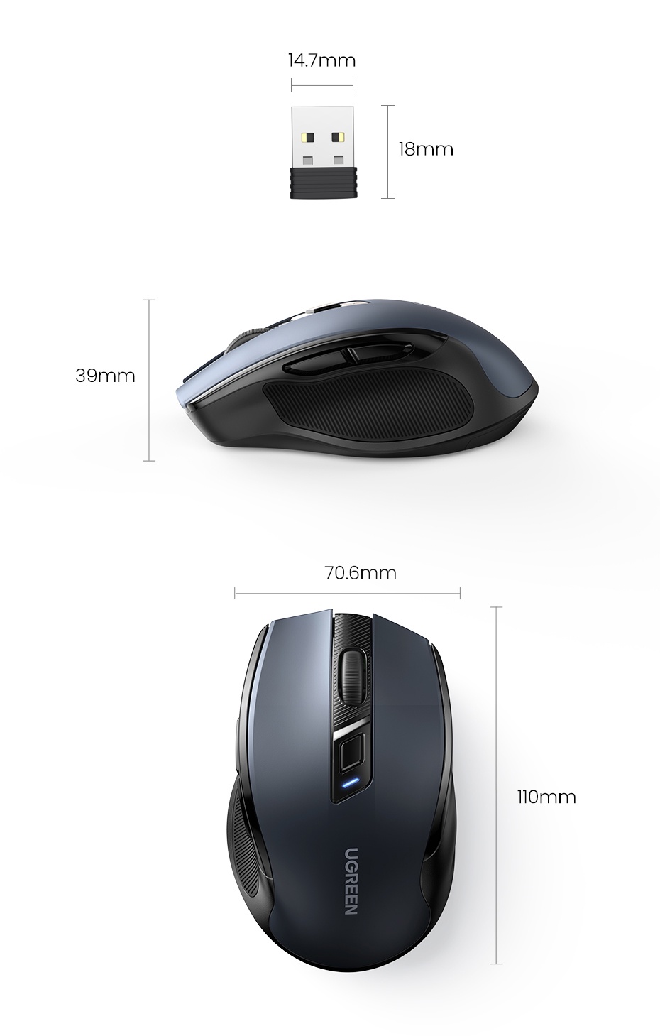 UGREEN Wireless Bluetooth Mouse with 6 Silent Buttons 2.4G with USB ...