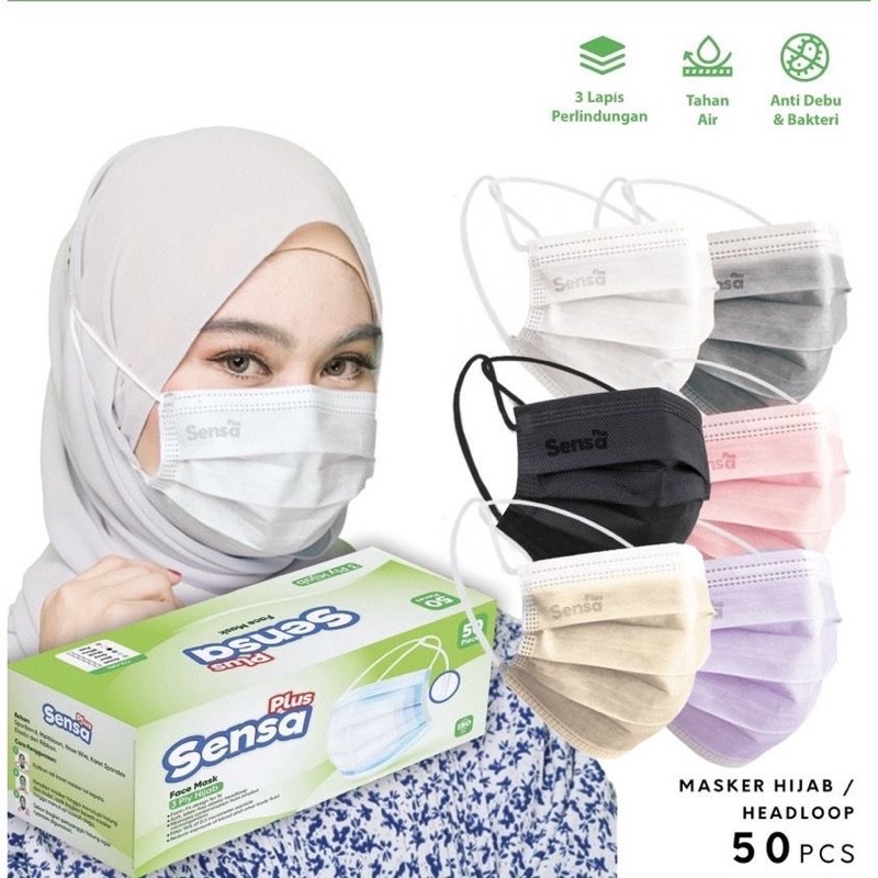 Mask 3PLY HEADLOOP EARLOOP/HIJAB SENSA ADA EMBOS 1BOX Contents 50PCS ...