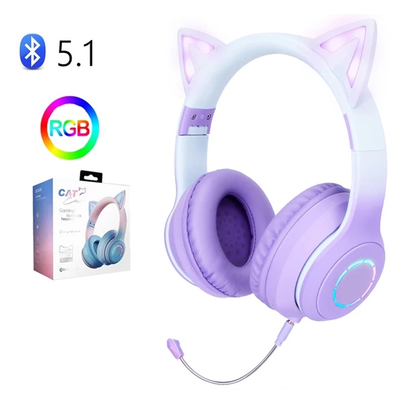 Pink Wireless Headphones Cat Ear with Mic Gamer Girl Kids Control RGB ...