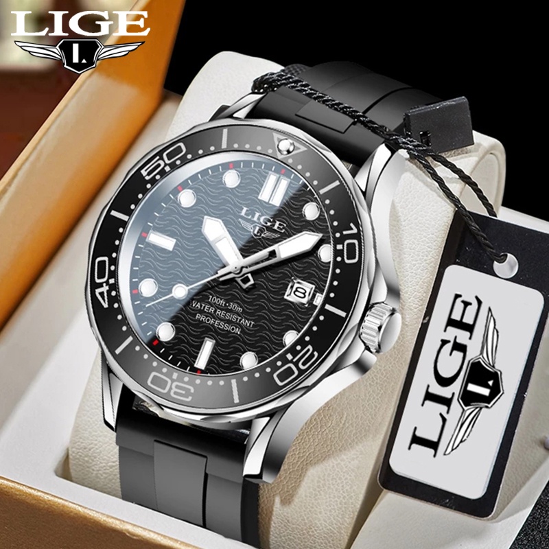 Lige Watch Male Waterproof Rubber Strap Fashion Rotating Frame Men's ...