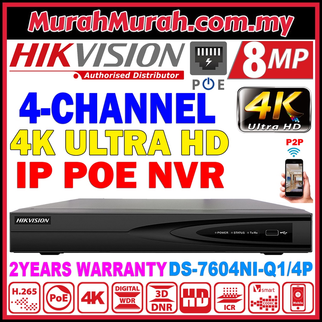 HIK HIKVISION CCTV POE NVR Network 4CH 8MP 4K Plug and Play IP Network ...