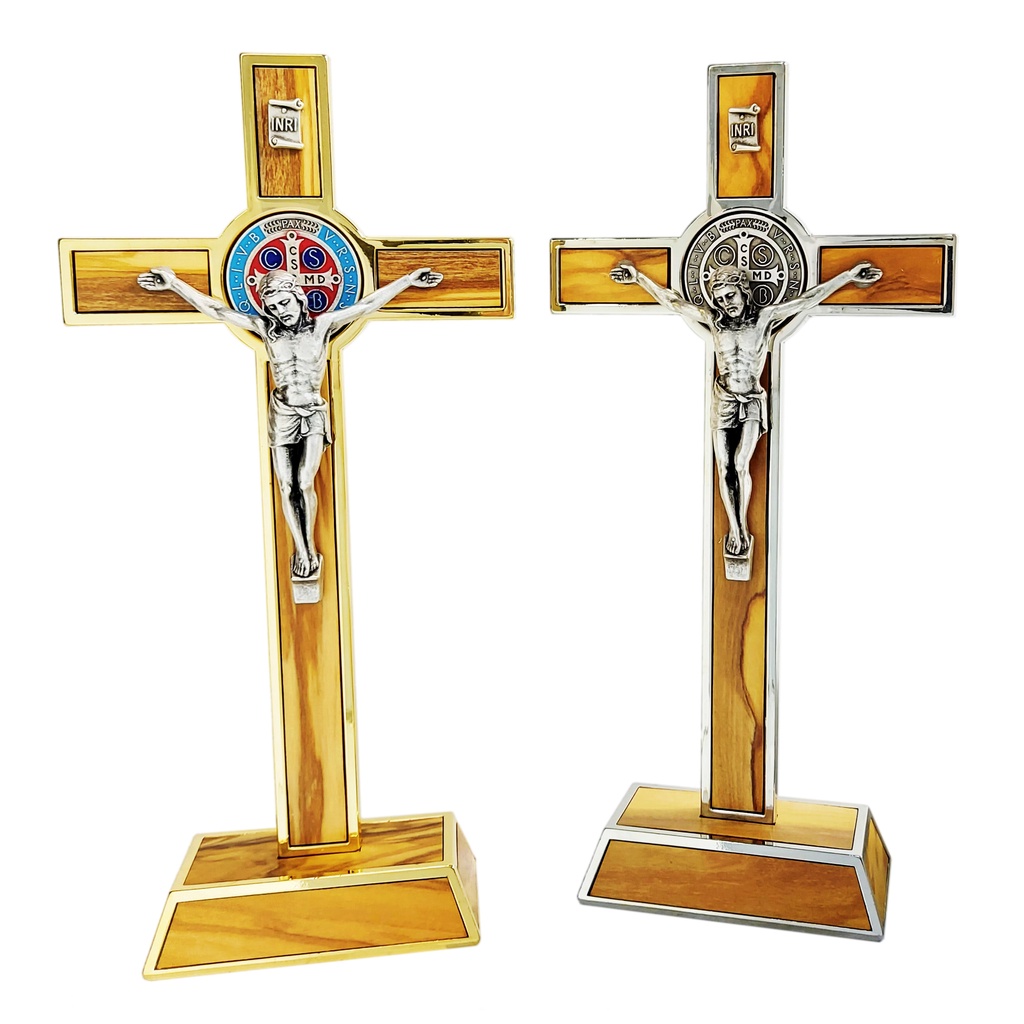 St Benedict Crucifix Metal Inlaid Olive Wood Jesus on the Cross ...