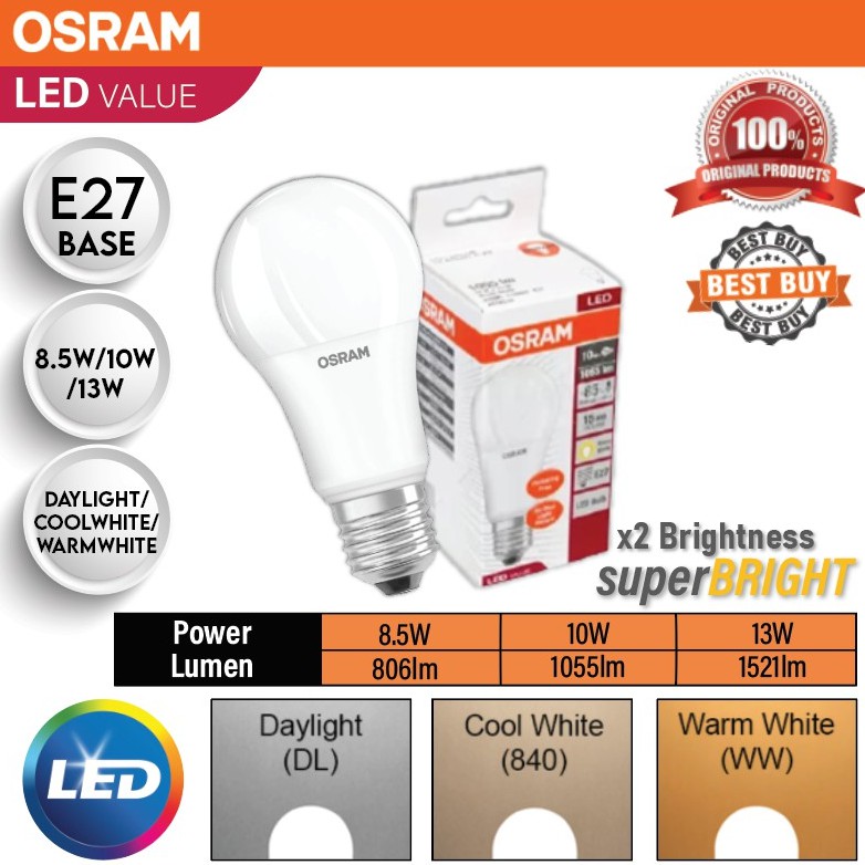 OSRAM LED BULB 5.5W / 8.5W / 10W / 13W A60 A70 LED Bulb E27 (Energy Saving) | Shopee Singapore