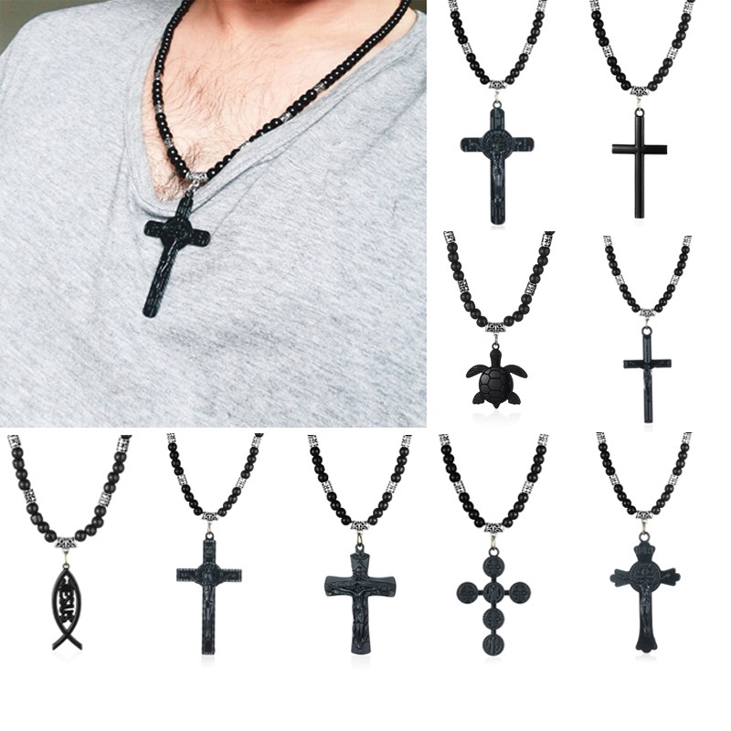 Religious Saint Benedict Medal Jesus Cross Pendant Necklaces Black ...