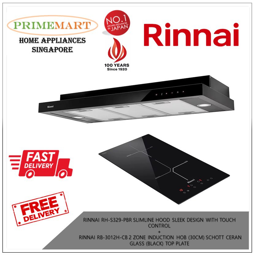 RINNAI RH-S329-PBR SLIMLINE HOOD + RINNAI RB-3012H-CB 2 ZONE INDUCTION HOB BUNDLE DEAL ...
