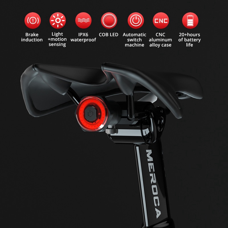 Meroca Smart Bicycle Tail Light Auto Start Stop Brake Sensing IPx6 Waterproof USB Charging Cycling light Shopee Singapore