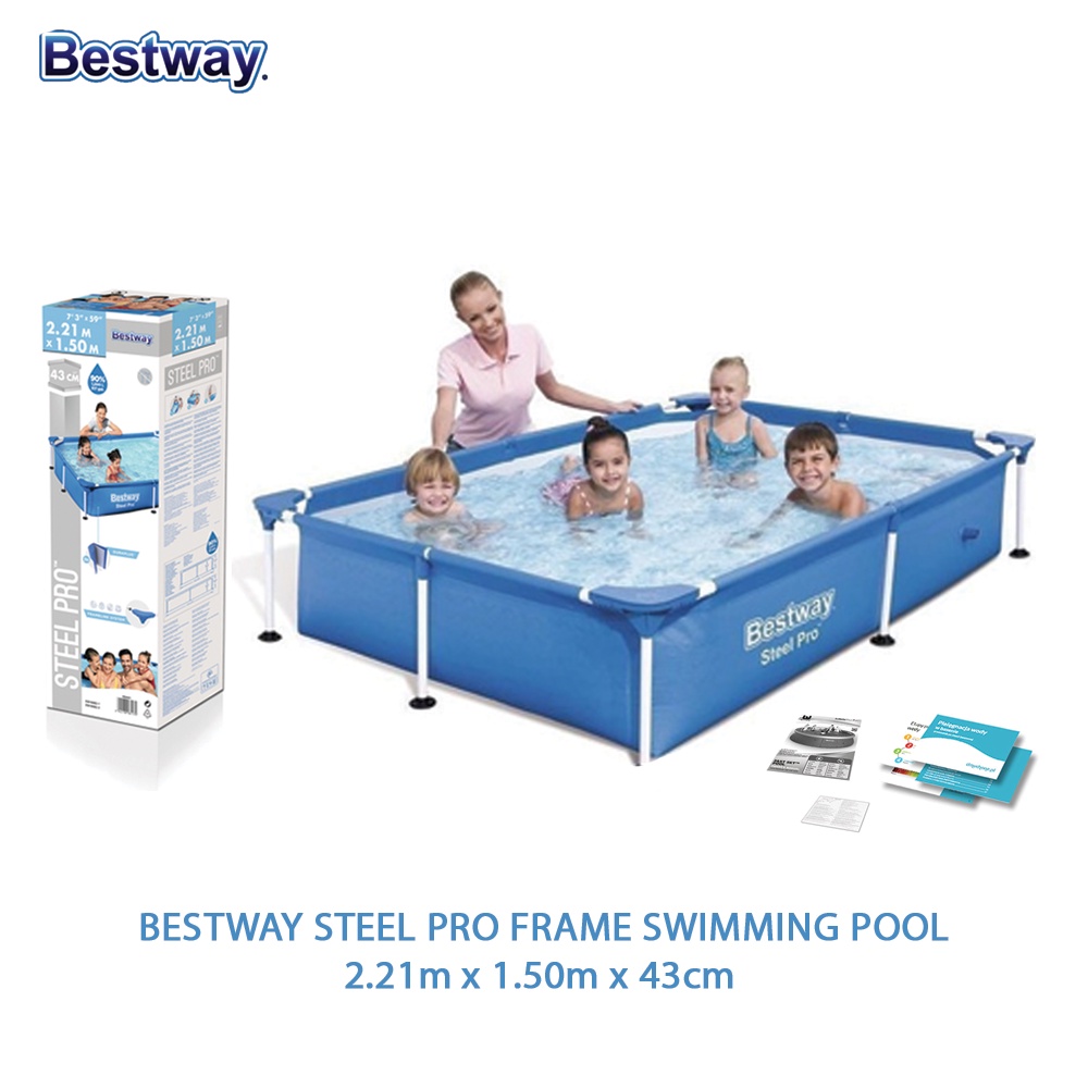 BESTWAY 2.21m x 1.50m x 43cm Steel Pro Rectangular Swimming Pool Set ...