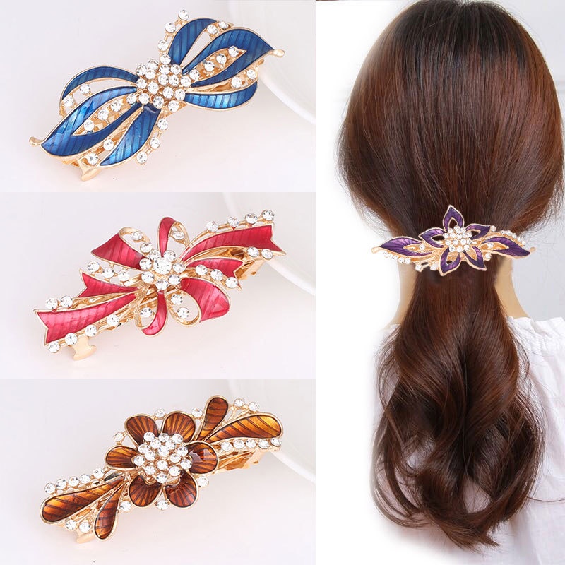 Large Pearl Diamond Flowers Alloy Spring Clip Hairpin For Girl ...