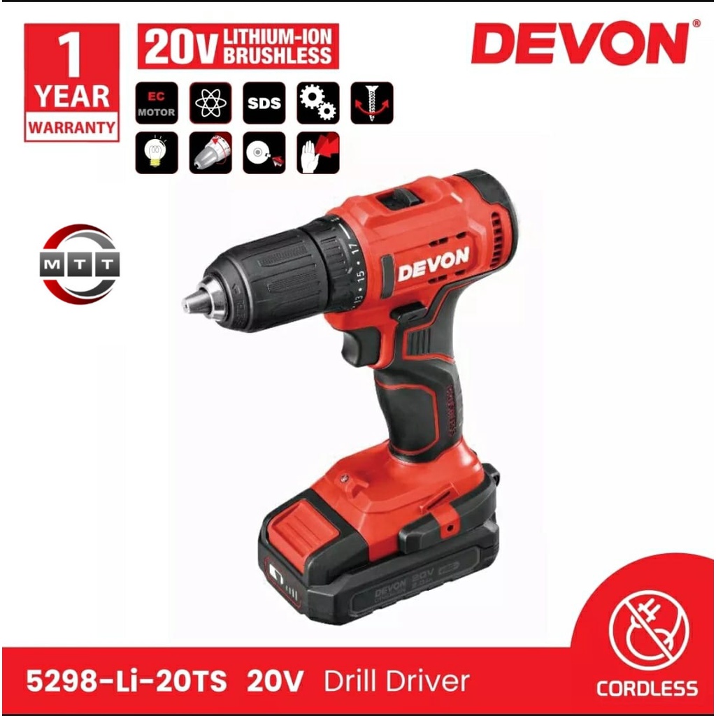 DEVON 5298-Li-20TS 20V Lithium-Ion Brushless Cordless Drill Driver ...