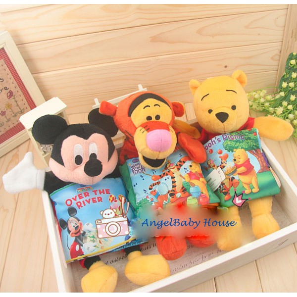 Disney Plush mickey minnie pooh hand Puppet Storybooks baby kids cloth book 2 in 1 learning book ...