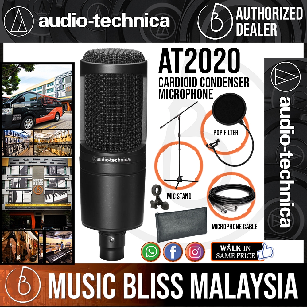 Audio Technica AT2020 Cardioid Condenser Mic w/Mic Stand, Pop Filter ...