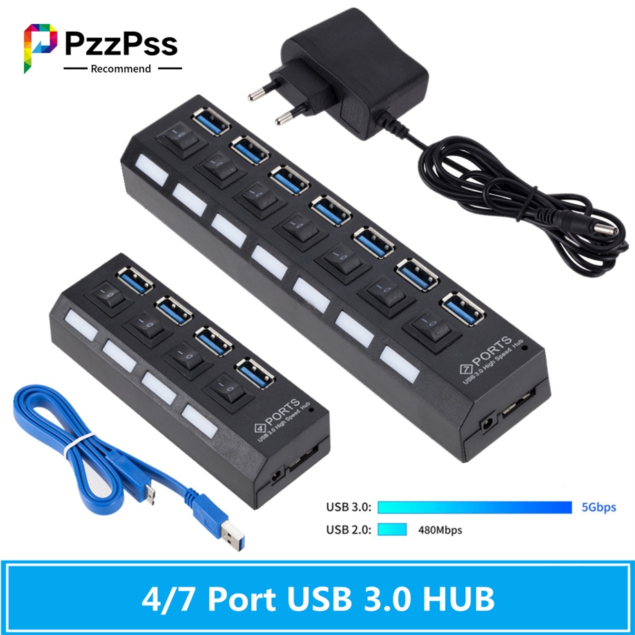 PzzPss USB 3.0 Hub USB Hub 3.0 Multi USB Splitter Use Power Adapter 4/7 ...