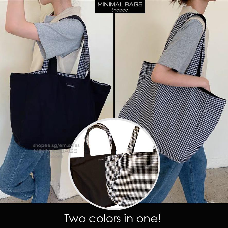Reversible 2 Tone Checkered Tote Large Size Double Layer Fabric Canvas ...