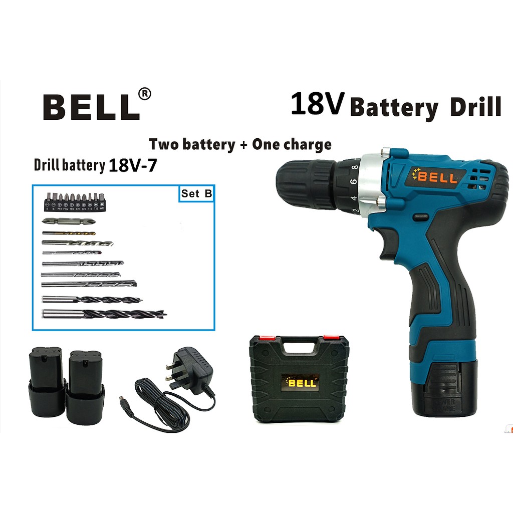 Bell 18V Cordless Electric Drill With Free Bits and 2 Battery and 1 ...
