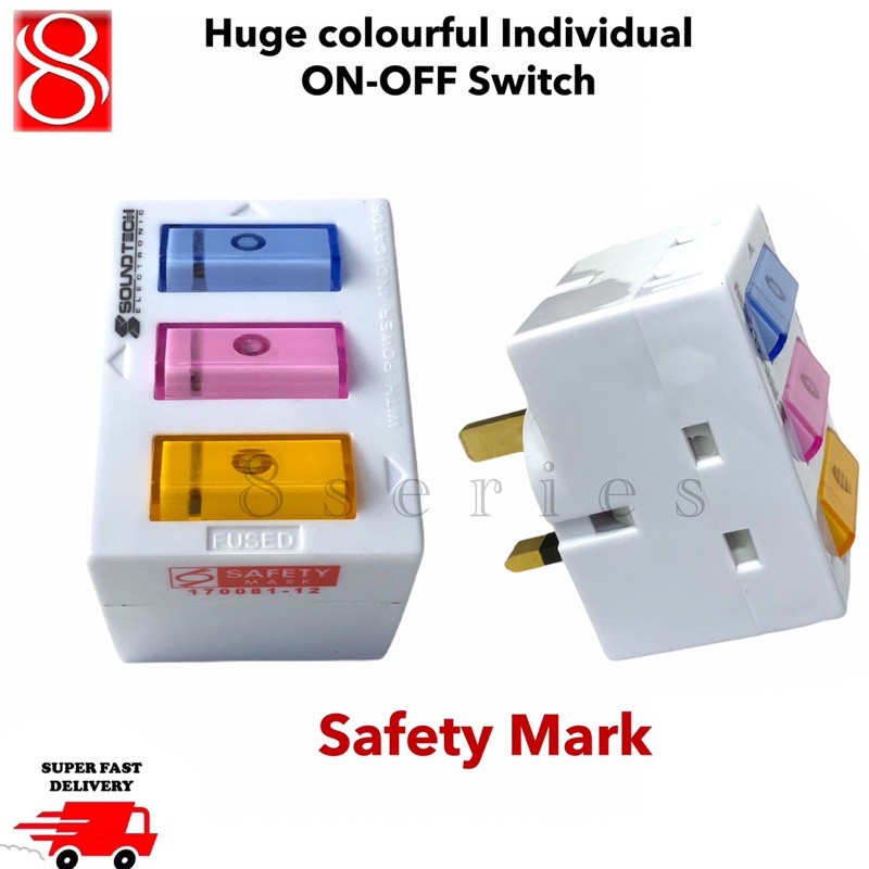 SOUNDTECH 13A Colourful 3 way Multi Plug/ Multi Adaptor with switch ...