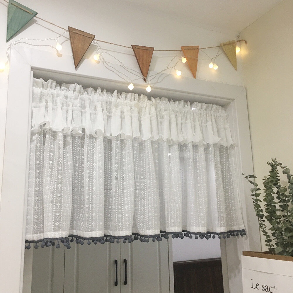 Dining Kitchen Short Curtains White Voile Pleated Lace Fur Ball Scallop ...