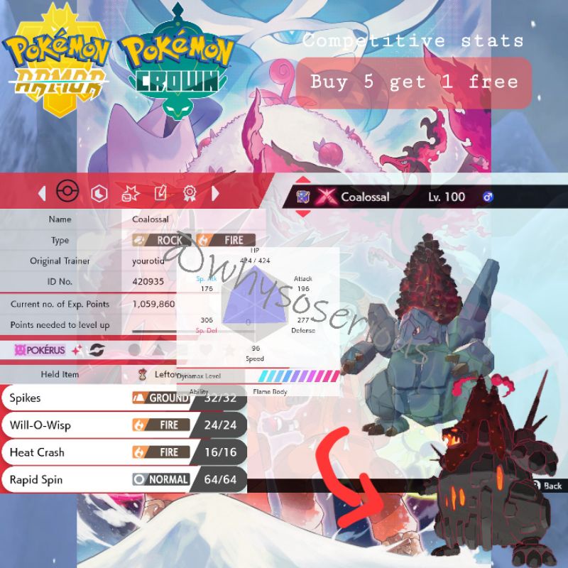 Pokemon Sword and Shield, Square Shiny GMAX Coalossal, Battle ready ...