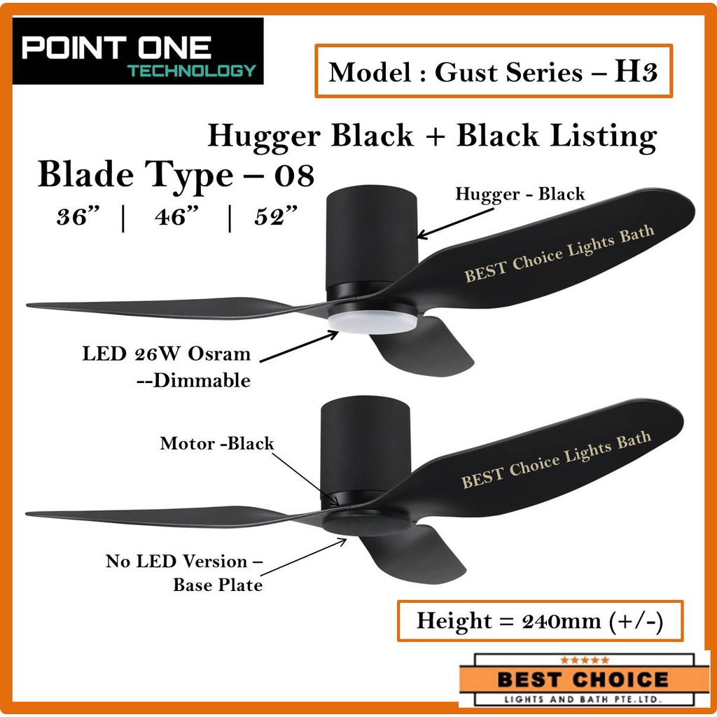 Yes Wifi PO ECO GUST H3 DC Motor Ceiling Fan [Hugger BLACK+Motor BLACK+ ...