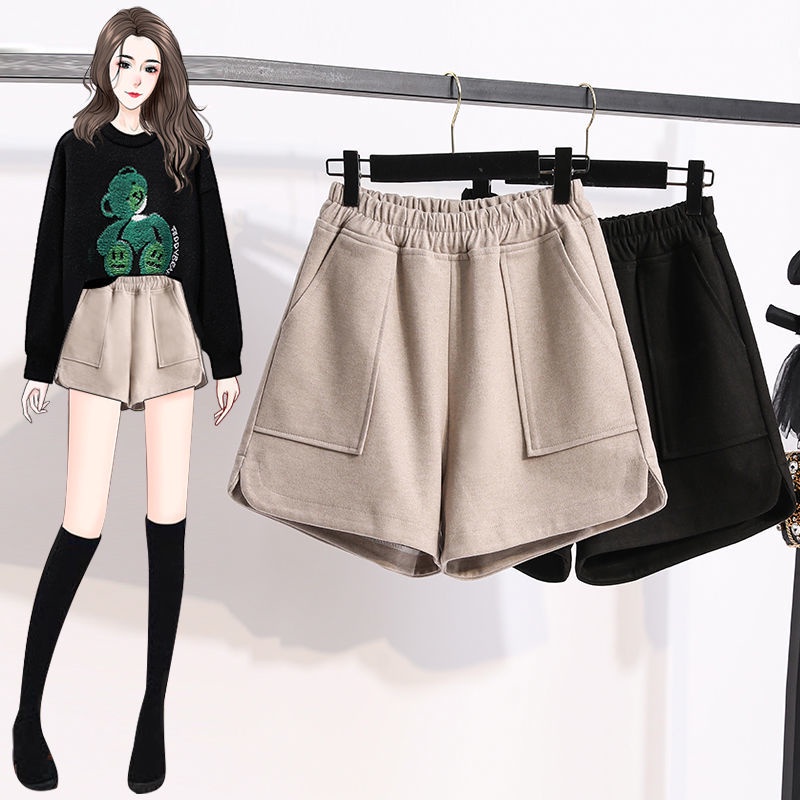 【45 150kg】 Plus Size Shorts With Elastic Waist And Pockets Solid Color