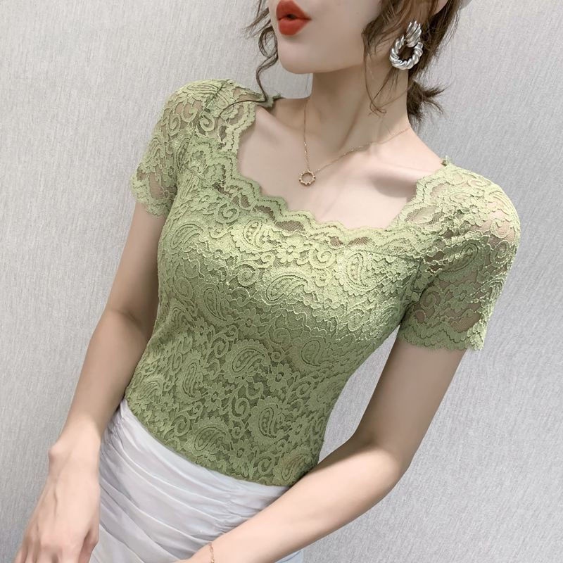 2022 new Lace Top Women Half Sleeve European Station Square Neck Sexy ...