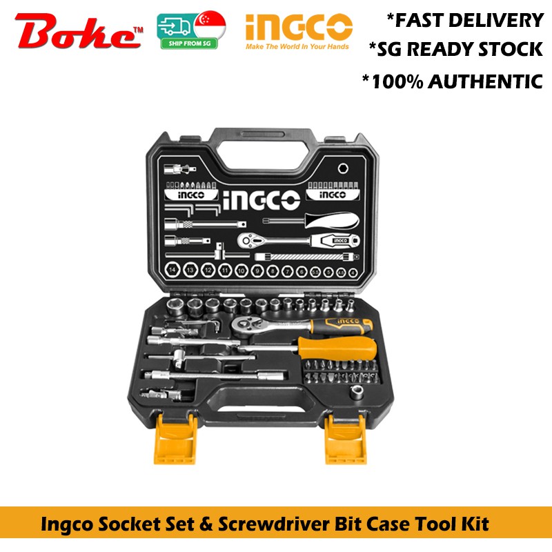 INGCO 45 pcs 1/4" Socket Set & Screwdriver Bit Torx Ratchet Driver Case ...